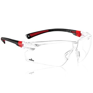 nocry clear safety glasses for men and women; lightweight work glasses with adjustable frames and no-slip grips; scratch resistant anti fog safety glasses with superior uv protection, black & red