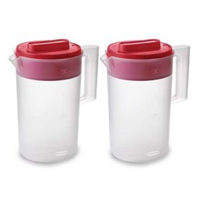 rubbermaid 2-piece pitcher set with 3 position pour spout lid for water, tea, and drinks, dishwasher safe, 1-gallon, clear/red