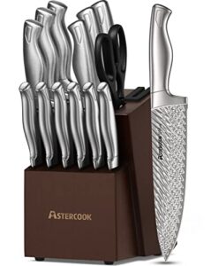 knife set, damascus kitchen knife set with block, built-in knife sharpener, german stainless steel knife block set, dishwasher safe