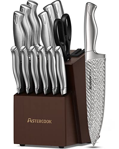 Knife Set, Damascus Kitchen Knife Set with Block, Built-in Knife Sharpener, German Stainless Steel Knife Block Set, Dishwasher Safe