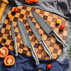 Knife Set, Damascus Kitchen Knife Set with Block, Built-in Knife Sharpener, German Stainless Steel Knife Block Set, Dishwasher Safe