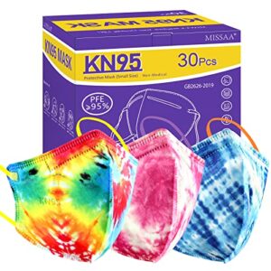 missaa kn95 face masks for kids 30 pcs, 5 layers disposable protective mask small size with elastic earloops for children boys girls school indoor outdoor use, tie-dye