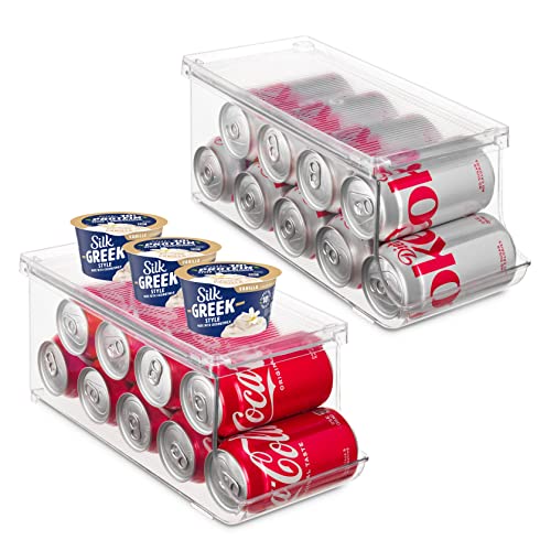 Set of 2 Stackable Refrigerator Organizer Bins Pop Soda Can Dispenser Beverage Holder for Fridge, Freezer, Kitchen, Countertops, Cabinets - Clear Plastic Canned Food Pantry Storage Rack Holds 9 Cans