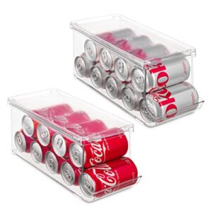 Set of 2 Stackable Refrigerator Organizer Bins Pop Soda Can Dispenser Beverage Holder for Fridge, Freezer, Kitchen, Countertops, Cabinets - Clear Plastic Canned Food Pantry Storage Rack Holds 9 Cans