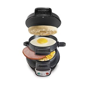 hamilton beach breakfast sandwich maker with egg cooker ring, customize ingredients, perfect for english muffins, croissants, mini waffles, black