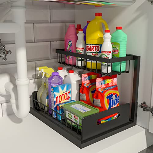 Under Sink Organizer, Pull Out Cabinet Organizer 2 Tier Slide Out Sink Shelf Cabinet Storage Shelves, Under Sink Storage for Kitchen Bathroom Cabinet