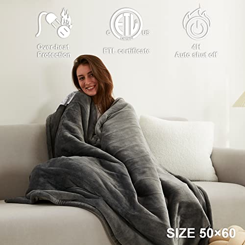 EHEYCIGA Heated Blanket Electric Blanket Throw - Heating Blanket with 5 Heating Levels & 4 Hours Auto Off, Soft Cozy Sherpa Washable Blanket with Fast Heating, 50 x 60 Inches, Grey