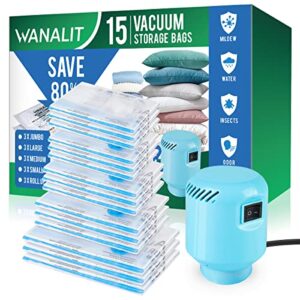 vacuum storage bags with electric air pump, 15 pack (3 jumbo, 3 large, 3 medium, 3 small, 3 roll up bags) space saver bag, vacuum sealer bags for clothes, blanket, duvets, pillows, comforters, travel