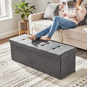 SONGMICS 43 Inches Folding Storage Ottoman Bench, Storage Chest, Foot Rest Stool, Bedroom Bench with Storage, Holds up to 660 lb, Dark Gray ULSF77K