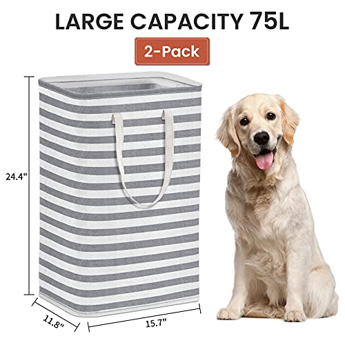 WOWBOX 75L [2 Pack] Laundry Baskets, Freestanding Laundry Hamper with Long Reinforced Handles, Large Waterproof Clothes Hamper Organizer, Collapsible Lightweight Hampers for Laundry, Clothes,Toys,Grey