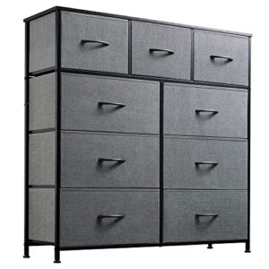 wlive 9-drawer dresser, fabric storage tower for bedroom, nursery, entryway, closets, tall chest organizer unit with textured print fabric bins, steel frame, wood top, dark grey