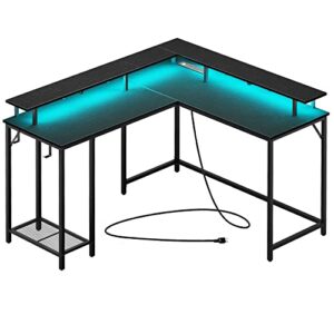 superjare l shaped gaming desk with power outlets & led lights, computer desk with monitor stand & storage shelf, home office desk corner desk with hooks, black