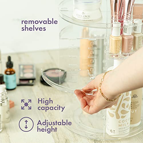 360 Rotating Makeup Organizer - Adjustable Shelf Height and Fully Rotatable. The Perfect Cosmetic Organizer for Bedroom Dresser or Vanity Countertop. (Clear)