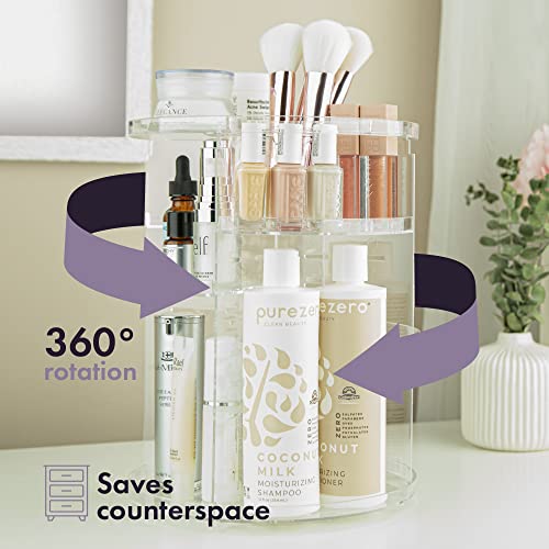 360 Rotating Makeup Organizer - Adjustable Shelf Height and Fully Rotatable. The Perfect Cosmetic Organizer for Bedroom Dresser or Vanity Countertop. (Clear)