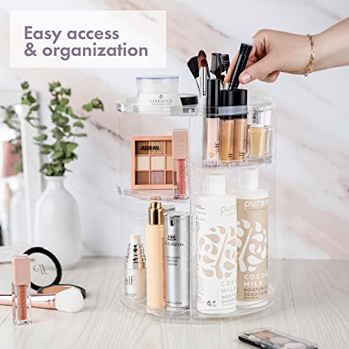 360 Rotating Makeup Organizer - Adjustable Shelf Height and Fully Rotatable. The Perfect Cosmetic Organizer for Bedroom Dresser or Vanity Countertop. (Clear)