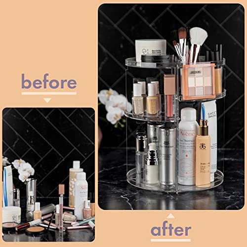 360 Rotating Makeup Organizer - Adjustable Shelf Height and Fully Rotatable. The Perfect Cosmetic Organizer for Bedroom Dresser or Vanity Countertop. (Clear)