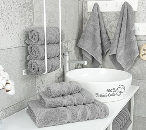 American Soft Linen 6 Piece Towel Set, 2 Bath Towels 2 Hand Towels 2 Washcloths, 100% Turkish Cotton Towels for Bathroom, Light Grey Towel Sets