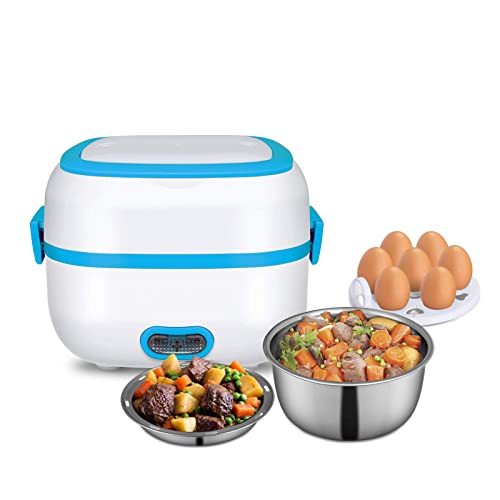 GQU Electric Lunch Box, 3 In 1 Food Heater/Cooker/Steamer with Stainless Steel Bowls, Egg Steaming Tray, Spoon, Measuring Cup for Office, School, Travel