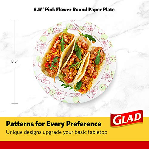 Glad Disposable Paper Plates for All Occasions | Round Soak Proof, Cut Proof, Microwaveable Heavy Duty Disposable Plates | 8.5" Diameter, 50 Count Bulk Paper Plates, Pink Flower Print