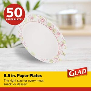 Glad Disposable Paper Plates for All Occasions | Round Soak Proof, Cut Proof, Microwaveable Heavy Duty Disposable Plates | 8.5" Diameter, 50 Count Bulk Paper Plates, Pink Flower Print