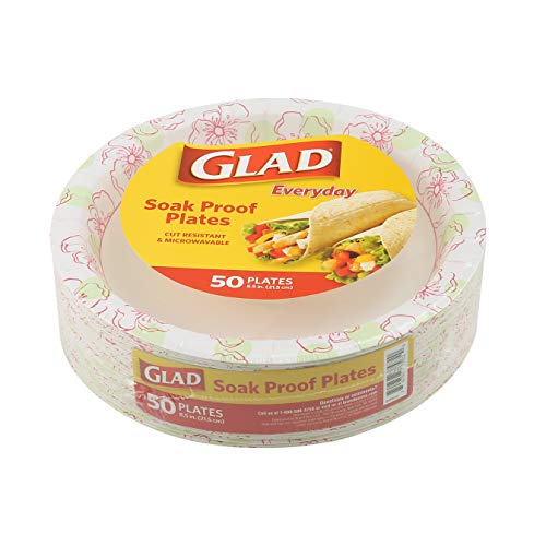 Glad Disposable Paper Plates for All Occasions | Round Soak Proof, Cut Proof, Microwaveable Heavy Duty Disposable Plates | 8.5" Diameter, 50 Count Bulk Paper Plates, Pink Flower Print