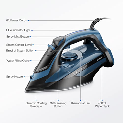 Sundu Steam Iron for Clothes with Rapid Heating Ceramic Coated Soleplate, 1700W Steam Iron with Precise Thermostat Dial, Self-Cleaning, Auto-Off, 15.21oz Water Tank for Home Travel Clothes Ironing Use