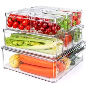 10 pack refrigerator pantry organizer bins, stackable fridge organizer bins with lids, clear plastic food storage bins for kitchen, countertops, cabinets, fridge, drinks, fruits, vegetable, cereals