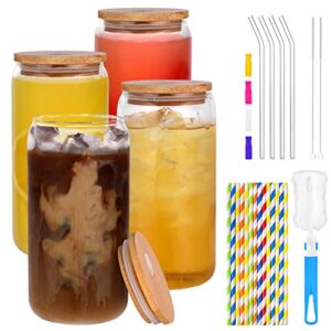 naeety glass cups with bamboo lids and glass straw, drinking glasses set of 4-16 oz beer can shaped glass cups, iced coffee glasses, tumbler cup for smoothie, cocktail, whiskey – 3 cleaning brushes