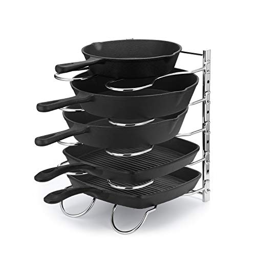 CAXXA Heavy Duty Pan Rack, Pot Lid Rack, Kitchen Cabinet Pantry Cookware Organizer Rack Holder | 5 Adjustable Dividers, Chrome