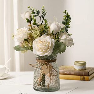 yj fake flowers with vase, silk roses artificial flowers in vase, faux flower arrangement with vase suitable for home office decoration, dining table centerpiece(white)