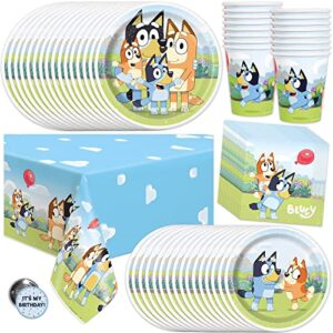 unique bluey birthday party supplies | bluey party supplies | bluey birthday decorations | bluey party decorations | with bluey tablecover, bluey plates, bluey cups, bluey napkins, button