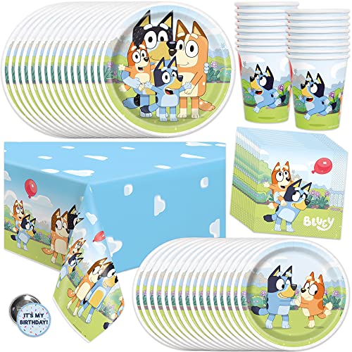 Unique Bluey Birthday Party Supplies | Bluey Party Supplies | Bluey Birthday Decorations | Bluey Party Decorations | With Bluey Tablecover, Bluey Plates, Bluey Cups, Bluey Napkins, Button