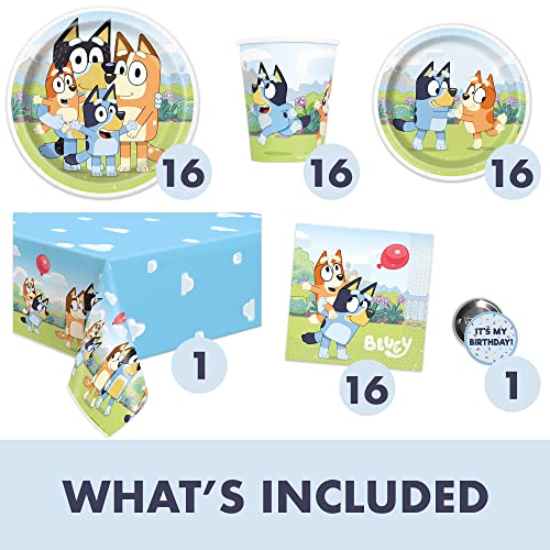 Unique Bluey Birthday Party Supplies | Bluey Party Supplies | Bluey Birthday Decorations | Bluey Party Decorations | With Bluey Tablecover, Bluey Plates, Bluey Cups, Bluey Napkins, Button