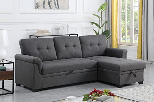 Lilola Home Lucca Dark Gray Linen Reversible Sleeper Sectional Sofa with Storage Chaise