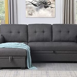 Lilola Home Lucca Dark Gray Linen Reversible Sleeper Sectional Sofa with Storage Chaise