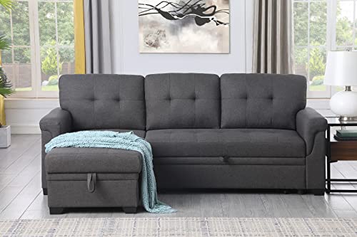 Lilola Home Lucca Dark Gray Linen Reversible Sleeper Sectional Sofa with Storage Chaise