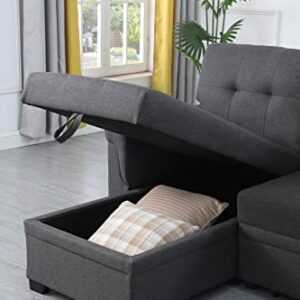 Lilola Home Lucca Dark Gray Linen Reversible Sleeper Sectional Sofa with Storage Chaise