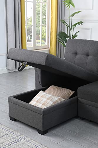 Lilola Home Lucca Dark Gray Linen Reversible Sleeper Sectional Sofa with Storage Chaise