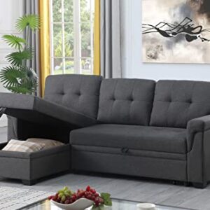 Lilola Home Lucca Dark Gray Linen Reversible Sleeper Sectional Sofa with Storage Chaise