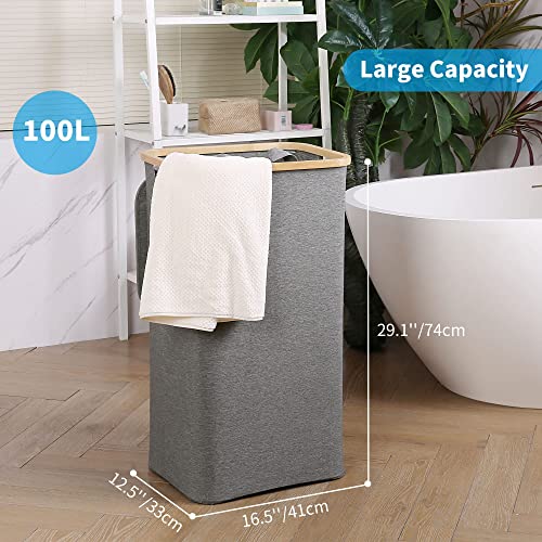 efluky Large Laundry Basket with Lid, 100L Tall Laundry Basket with Bamboo Handles for Clothes and Toys Storage, Freestanding Collapsible Laundry Hamper with Inner Bag for Bedroom and Bathroom, Grey