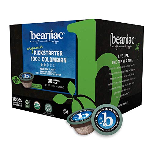 beaniac Organic Kickstarter 100% Colombian | Medium Roast, Single Serve Coffee K Cup Pods | Rainforest Alliance Certified | 30 Compostable, Plant-Based Coffee Pods | Keurig Brewer Compatible