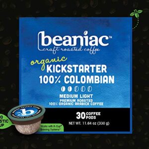 beaniac Organic Kickstarter 100% Colombian | Medium Roast, Single Serve Coffee K Cup Pods | Rainforest Alliance Certified | 30 Compostable, Plant-Based Coffee Pods | Keurig Brewer Compatible