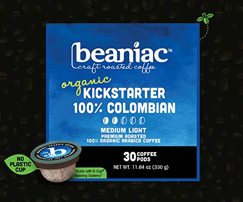 beaniac Organic Kickstarter 100% Colombian | Medium Roast, Single Serve Coffee K Cup Pods | Rainforest Alliance Certified | 30 Compostable, Plant-Based Coffee Pods | Keurig Brewer Compatible