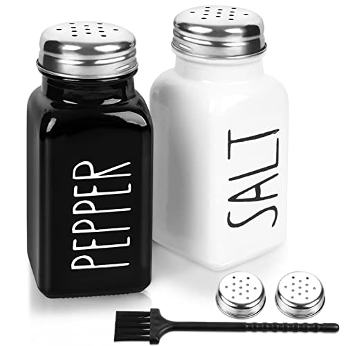 2 Pack Salt and Pepper Shakers Set, Glass Salt Shaker with Stainless Steel Lid, Modern and Cute Farmhouse Salt and Pepper Set (Black and White)