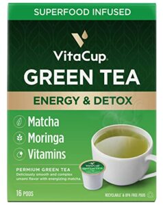 vitacup green tea pods, enhance energy & detox with matcha, moringa, b vitamins, d3, keto, paleo, vegan, recyclable single serve pod, compatible with keurig k-cup brewers,16 ct