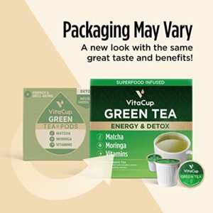 VitaCup Green Tea Pods, Enhance Energy & Detox with Matcha, Moringa, B Vitamins, D3, Keto, Paleo, Vegan, Recyclable Single Serve Pod, Compatible with Keurig K-Cup Brewers,16 Ct