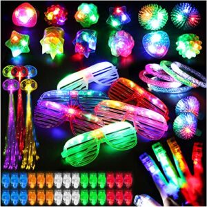 78pcs led light up toy party favors glow in the dark,party supplies bulk for adult kids birthday halloween with 50 finger light, 12 jelly ring, 6 flashing glasses, 5 bracelet, 5 fiber optic hair light