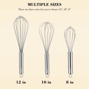 NileHome Stainless Steel Whisk Set 8" 10" 12" Kitchen Whisk Balloon Whisk Kitchen Wisk Wire Whisks for Cooking, Whisking, Blending, Beating, Stirring-3 Pack…