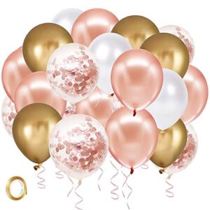 rose gold confetti latex balloons, 60 pack white gold balloon 12 inch birthday balloons with gold ribbon for party wedding bridal shower decorations