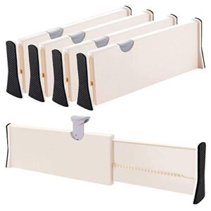 drawer dividers organizer 4 pack, adjustable separators 4″ high expandable from 11-17″ for bedroom, bathroom, closet,clothing, office, kitchen storage, strong secure hold, foam ends, locks in place